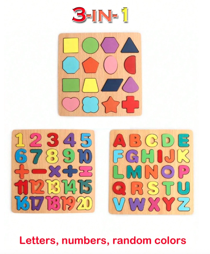 3-in-1 Wooden Learning Puzzles – Shapes, Numbers & Alphabet - Juan Stop ...